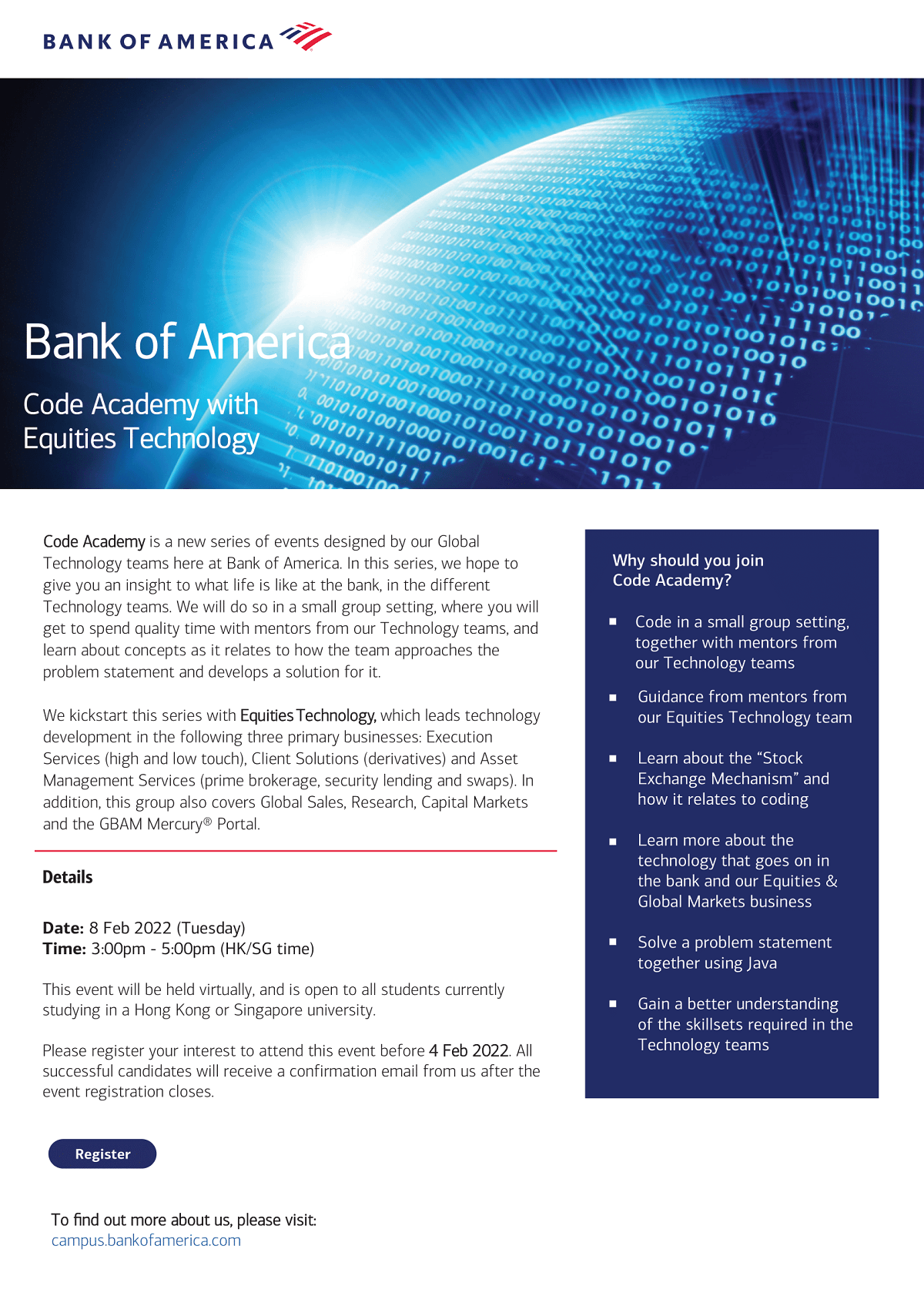 Bank of America Code Academy with Equities Technology - NUS Centre for ...