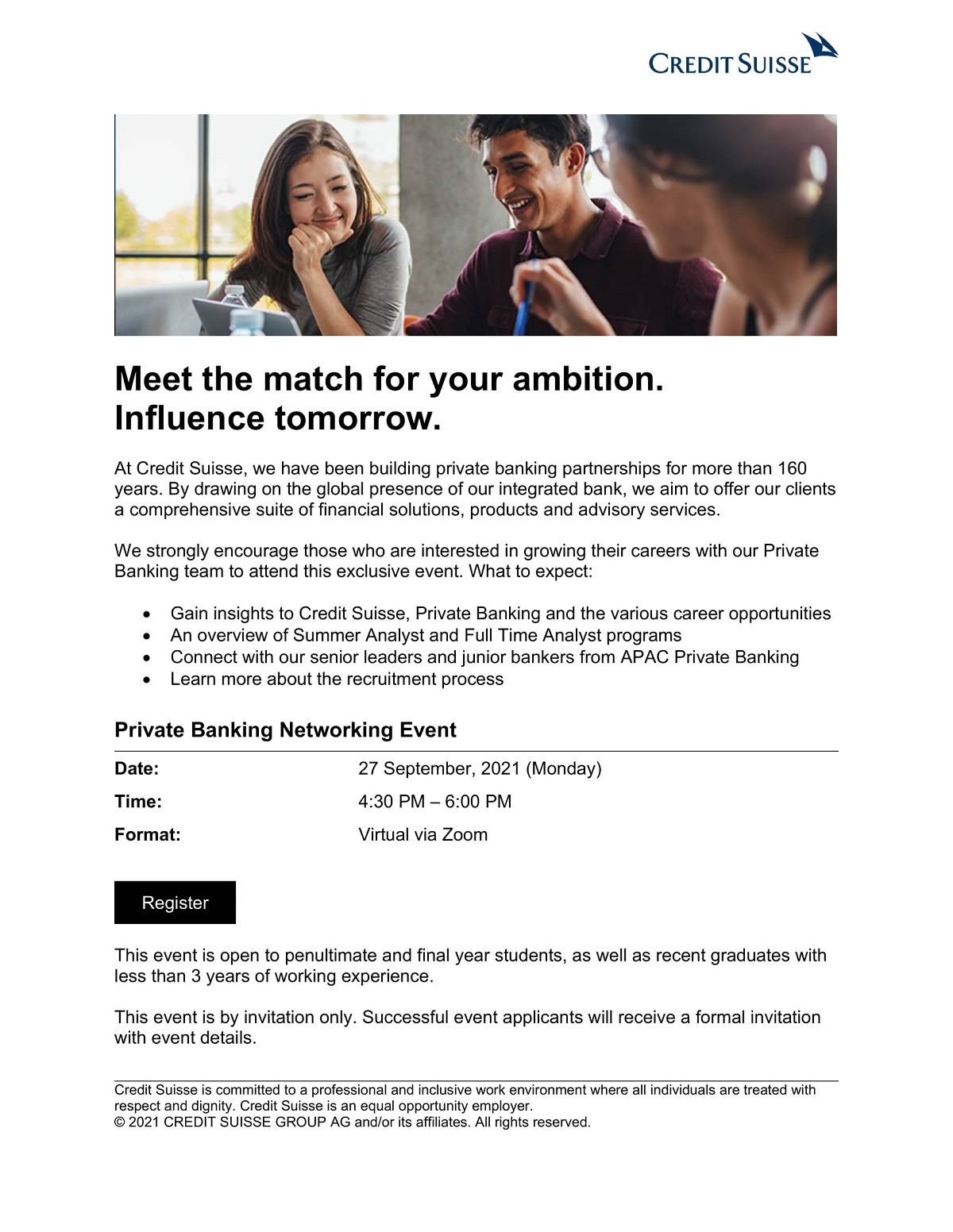 2021 Credit Suisse Private Banking Virtual Networking Event - NUS ...